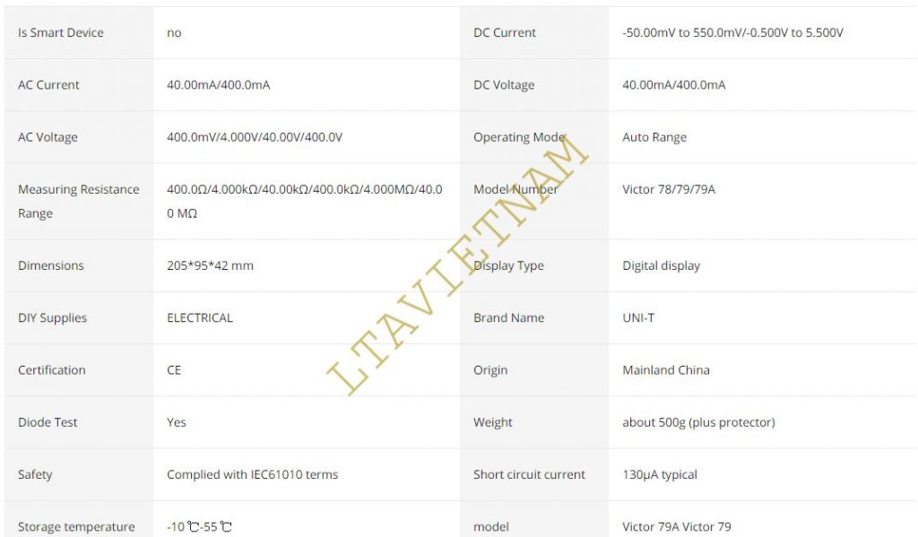 ĐỒNG HỒ VẠN NĂNG VICTOR 79A - CÔNG TY TNHH HIỆU CHUẨN LTA VIỆT NAM